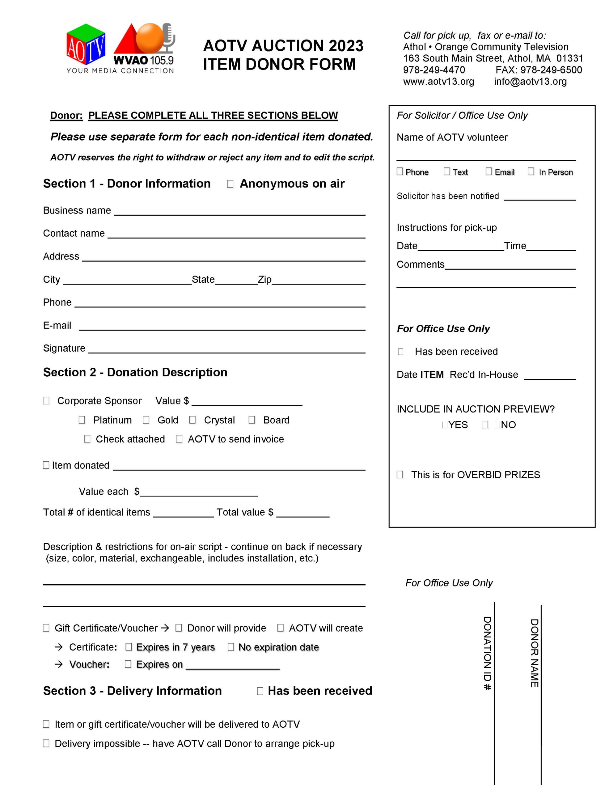Donor Form 2023 | Athol•Orange Community Television